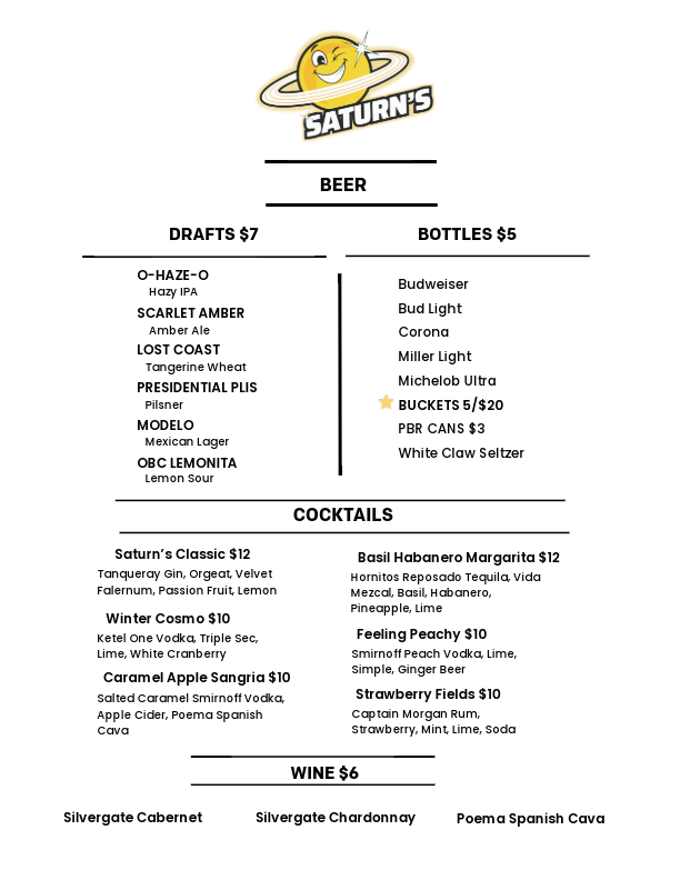 Menu - Saturn's Sports Bar